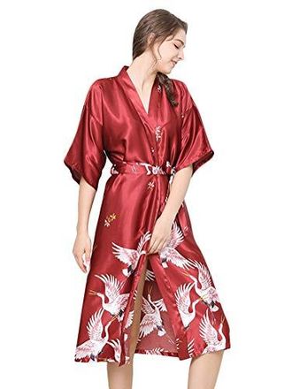 Minetom Kimono Japonais en Satin Sexy Robe de Chambre 1/2 Manches Peignoir-Femme A Bourgogne FR 42