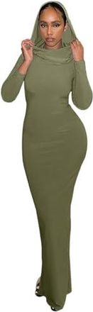 Generic 2026 Robe longue moulante à capuche décontractée pour femme Couleur unie Coupe ajustée, Vert, S
