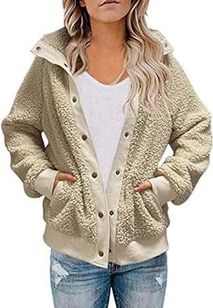 Generic Veste polaire Sherpa pour femme - Manteau dhiver à manches longues avec boutons - Vêtement dextérieur en polaire chaude et pelucheuse pour lhiver, la 