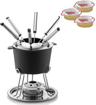 KELA Fondue-Set Comore, 11-teilig, Ø 20 cm, 0,8 L, Gusseisen, Emailliert, Topf, Brenner, Rechaud, Spritzschutz, Unterteller, 6X Fonduegabeln, 16639, 6 Bren