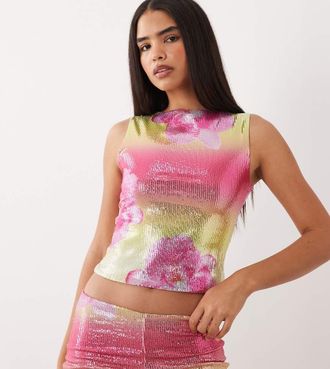 KAIIA Exklusives Pailletten-Tanktop in Zitronengelb mit U-Boot-Ausschnitt und rosa Blumenmuster, Kombiteil-Mehrfarbig