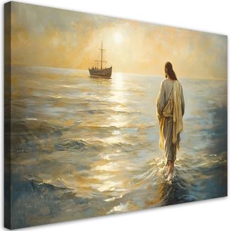 Feeby Wandbild - Wohnzimmer Modern Deko - Jesus geht auf dem Wasser - 30x20 1tlg - Bilder Leinwand - Bild auf Leinwand Schlafzimmer - Leinwandbilder für die