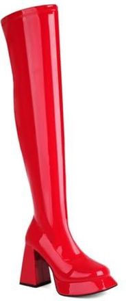 Generic Bottes hautes extensibles pour femme - Bout carr&eacute; - Talon &eacute;pais - Fermeture &eacute;clair lat&eacute;rale - Veau large - Chaussures de performance tendance, Rouge, 