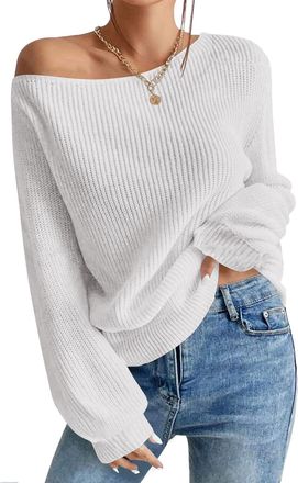 Onsoyours Pullover Damen Schulterfreier Elegant Strickpullover Asymmetrisches Langarmshirt Casual Pulli Sweater Sexy One Shoulder Oberteil Warm Lose Tunika Tops