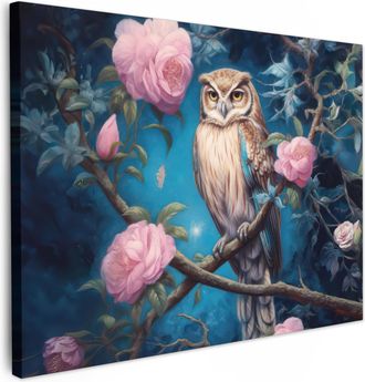 MuchoWow © Bilder 40x30 cm Wohnzimmer Deko Modern Wandbild Foto auf Leinwand Bild Schlafzimmer Room Decor Geschenke Eule - Rosen - Blau - Blumen
