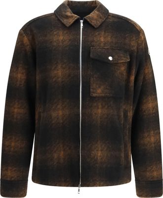 Moncler Mens Flannel Embroidered Zip-Up Shirt Brown Polyester