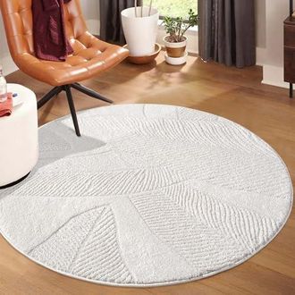 Carpet City Tapis à poils courts crème, 120 cm, rond, motif profond, effet 3D, motif floral, revêtement de sol, décoration de chambre à coucher