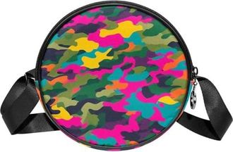 Generic Petit sac &agrave; bandouli&egrave;re rond pour femme, motif camouflage color&eacute;, avec fermeture &eacute;clair, bretelles r&eacute;glables, sac &agrave; main rond d&eacute;contract&eacute; pour femmes 