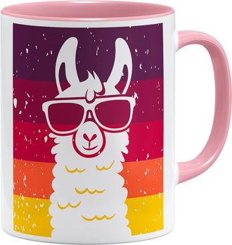 OM3 Retro Sunset Cool Alpaka Tasse mit Spruch Motiv Lama - Keramik Becher - 11oz 325ml - Beidseitig Bedruckt - Rosa