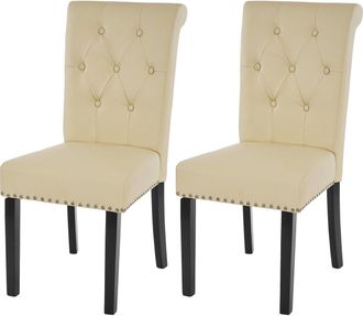 Mendler 2er-Set Esszimmerstuhl Chesterfield II, Stuhl K&uuml;chenstuhl, Nieten - Kunstleder, Creme, dunkle Beine