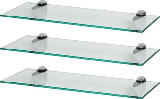 Harbour Housewares 3X Klar 50cm Schwebende Wandregale aus Glas - Badezimmer Dusche K&uuml;che Regale Lagerung Anzeigeeinheit mit Silberne Klammern