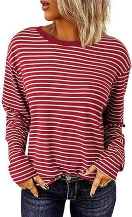 Generic Hauts &agrave; manches longues pour femmes - Col rond ray&eacute; - T-shirt basique l&eacute;ger pour lautomne - Pull d&eacute;contract&eacute; (rouge, XL) - Bluse blanc