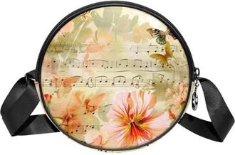 Generic Sac &agrave; bandouli&egrave;re rond pour femme, motif floral et notes de musique, petit sac &agrave; dos &agrave; bandouli&egrave;re avec fermeture &eacute;clair, bretelles r&eacute;glables, sac &agrave; m
