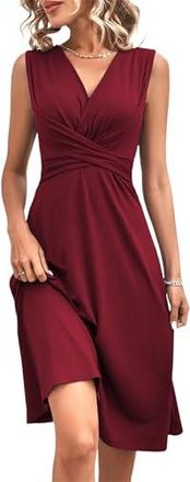 Generic Robes dinvitées de mariage pour femmes, robe dété fluide et fluide à col en V sans manches, robe dété élégante, Rouge, M