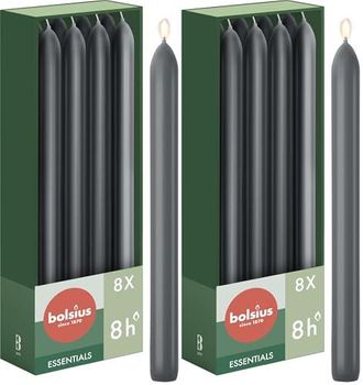 Bolsius Bolsius Glatte Stabkerzen - Anthrazit - 8 St&uuml;ck im Karton - 24 cm - L&auml;nge Brenndauer 8 Stunden - Unparf&uuml;mierte - Enth&auml;lt Nat&uuml;rliches Pflanzenwachs - O
