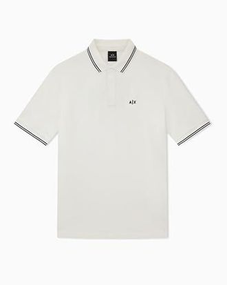 A|X Armani Exchange Essential, Double Striped Sleeve and Collar Side Monogram Logo Polo, Blanc cassé, S Hommes