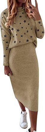 Generic Robe en Tricot Femme 2 Pi&egrave;ces Ensembles Uni Manches Longues Pullover Haut et Jupe Tricot&eacute; Pull &agrave; Col Roul&eacute; Robe Tricot&eacute;e Loungewear Aotumne Hiver Midi