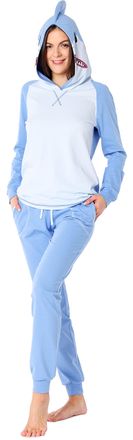 Ladeheid Damen Schlafanzug Zweiteiler Langarm Tierkostüm bunt Tiermotiv Verkleidung mit Kapuze LA40-238 (Blau Hai, M)