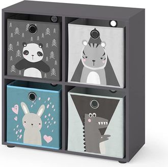 Vicco Kinderregal Grau Tetra mit 4 Faltboxen - 73x72x29 cm gefertigt aus Spanplatte - B&uuml;cherregal perfekt f&uuml;rs Kinderzimmer, praktische Aufbewahrung f&uuml;r B&uuml;c