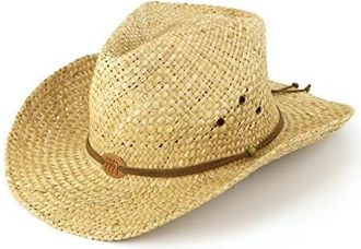 Hawkins Chapeau de cowboy en paille avec cordon en cuir et badge représentant 3 chevaux Naturel