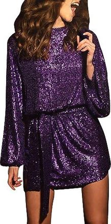Generic Femmes Solide Automne Hiver Col Rond Manches Longues Robe Paillettes Robe de Soir&eacute;e Grande Taille Robes &Eacute;paules D&eacute;nud&eacute;es, violet, XXL