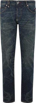 Philipp Plein Homme, Jeans, Bleu, Taille: W34 Jeans Super Straight Coupe Droite Imprim&eacute; Tattoo