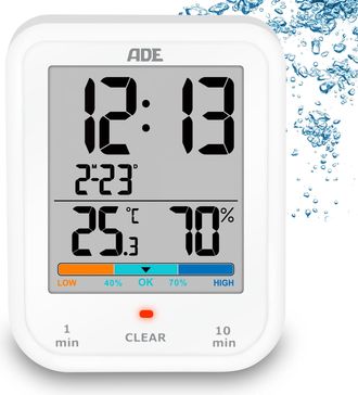 ADE Digitale Badezimmeruhr mit Hygrometer und Thermometer | wasserdicht nach IP65 | Duschtimer | Countdownfunktion | großes LCD-Display | mit Datumsanzeig