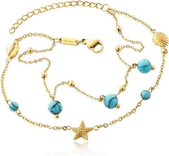 Julie Julsen Anklet SHELL-STARFISH-TURQUOISE für Damen aus Edelstahl mit türkisen Perlen in der Farbe Gold mit JJAC31059G, Länge: 27 cm, JJAC31059G