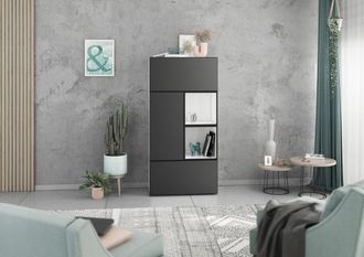 BMG Möbel Highboard Schrankset 5 teilig Modul+ individuell montierbar in weiß oder anthrazit Fronten wählbar in 4 (Weiß - Anthrazit Supermatt, Ohne Füße)