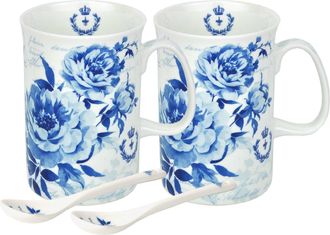 MamboCat 2er Set Teetassen mit Löffel I 2 Personen I 2x Teetassen + 2 x Löffel I 300ml I mit blauem Rosenmuster I Fine Bone China Porzellan I Teetasse I Gesche