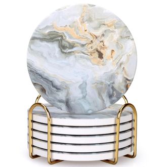 Generic 6 runde gr&uuml;ne Keramikuntersetzer mit Halter - modern, dekorativ, vielseitig, zum Verschenken geeignet(03,11cm)