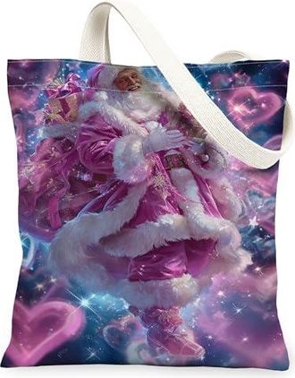 Generic Sacs fourre-tout en toile avec motif P&egrave;re No&euml;l - R&eacute;utilisables - L&eacute;gers et lavables - Avec bandouli&egrave;re, p&ecirc;che, 13x15 Inch