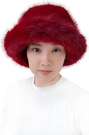 Lina & Lily Chapeau Bob Hiver Femme en Fausse Fourrure Poils Longs (Rouge Foncé)