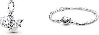 Pandora Charm Anhänger Silber Glow in the Dark- Glühwürmchen 799352C01 & Moments Schlangen-Gliederarmband mit Herz-Verschluss aus Sterlingsilber Moments Colle