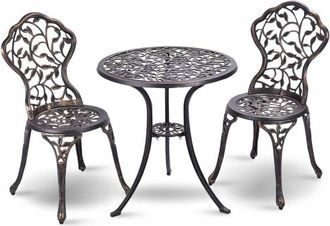 Costway Salon de Jardin 3Pcs en Fonte Aluminium, Ensemble 2 Chaises et 1 Table Ronde Style Rétro avec Motif Feuille pour Balcon, Terasse, Jardin Brun