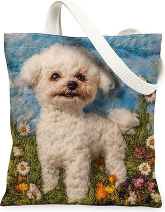 Generic Sac fourre-tout en toile pour le shopping 33 x 38 cm, motif chien bichon fris&eacute;, sac d&eacute;picerie r&eacute;utilisable pour femme, sac d&eacute;picerie amusant pour anim
