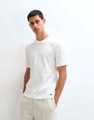 HUGO BOSS Struktur-Kombiteil-T-Shirt in Wollwei&szlig;