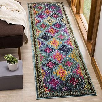 Safavieh Boho Teppich für Wohnzimmer, Esszimmer, Schlafzimmer - Monaco Collection, Kurzer Flor, Blau und Multi, 66 X 244 cm