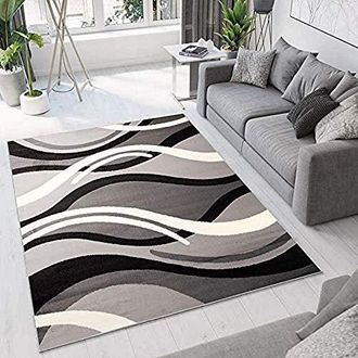 Tapiso Dream Tapis de Salon Chambre Salle &agrave; Manger Adulte Bureau Design Moderne Noir Gris Blanc Abstrait Motif Ondes Vagues Poil Court Fin Doux L&eacute;ger R&eacute;sista