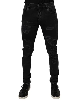 Dolce & Gabbana Black Tattered Cotton Skinny Men Denim Jeans Elastane Clothing