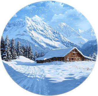 Generic Hiver Campagne Style Tapis Lavable Chambre, Tapis Ronds &agrave; Poils Ras Neige et Montagnes, for&ecirc;ts de pins et cabanes, int&eacute;rieur Doux et Confortable 120x1