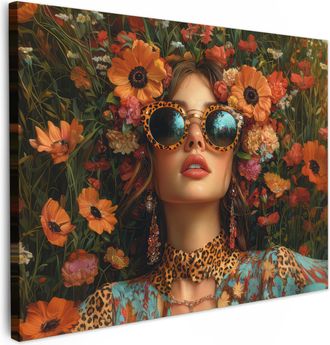 MuchoWow © Leinwandbild 80x60 cm Dekoration Wohnzimmer Bilder Pictures Wall Decoration Living Room Wohnungs Deko Moderne Bild Frau - Blumen - Modern - Brille -