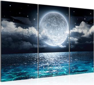 Runa Art Wandbilder Vollmond Meer Bild XXL Wohnzimmer Schlafzimmer Blau Nachthimmel Mond 120 x 80 cm 3 Teilig 025331a