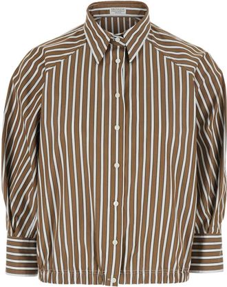 Brunello Cucinelli Femme, Blouses et Chemises, Brun, Taille: 38 FR Chemise Ray&eacute;e &agrave; Col Classique