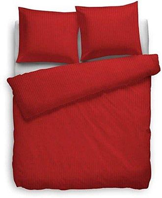 Heckett & Lane Bettwäsche 100% Baumwolle Mako-Satin Uni Stripe 260x220 (60x70) Aurora Red
