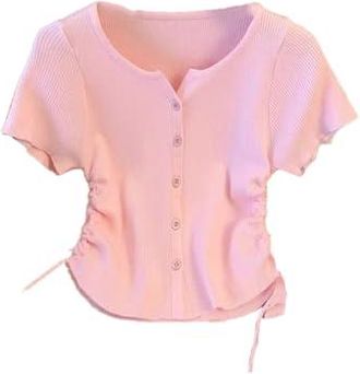 Generic Pull d&eacute;t&eacute; d&eacute;contract&eacute; &agrave; manches courtes avec col en V et cordon de serrage pour femme, Pnnrk, S