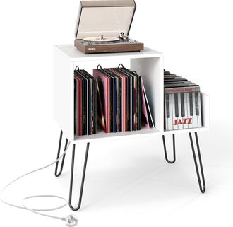 Giantex Plattenspielerst&auml;nder, 66 x 45 x 67 cm, Beistelltisch mit integrierter Ladestation, Vinylaufbewahrungsregal mit Metallbeinen, Schrank f&uuml;r Schlafzimmer