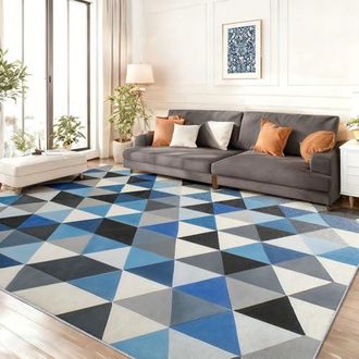 Generic Tapis de Salon 140 x 200 cm, Gris Bleu Tapis Lavable &agrave; Poils Courts antid&eacute;rapant Doux, Motif Minimaliste Abstrait Moderne G&eacute;om&eacute;trique, pour Chambre de