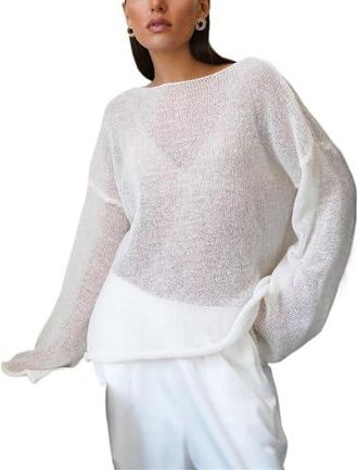 Generic Pull dété ample pour femme, pull ajouré, pull en maille transparente pour femme, blanc, M