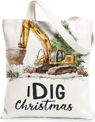 Generic Sacs fourre-tout en toile motif excavatrice de No&euml;l, sacs d&eacute;picerie r&eacute;utilisables, l&eacute;gers et lavables pour les voyages en plein air, blanc, 13x15 Inch